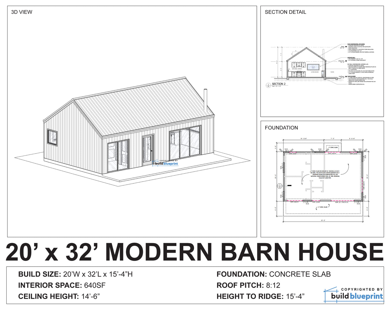 20' x 32' Modern Barn House Architectural Plans – Build Blueprint
