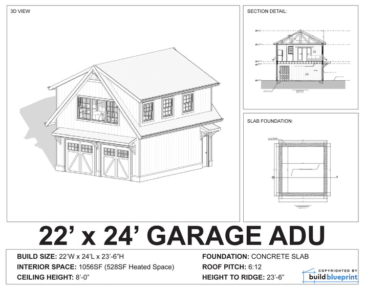 22'x24' Two Car ADU Garage Loft Architectural Plans – Build Blueprint