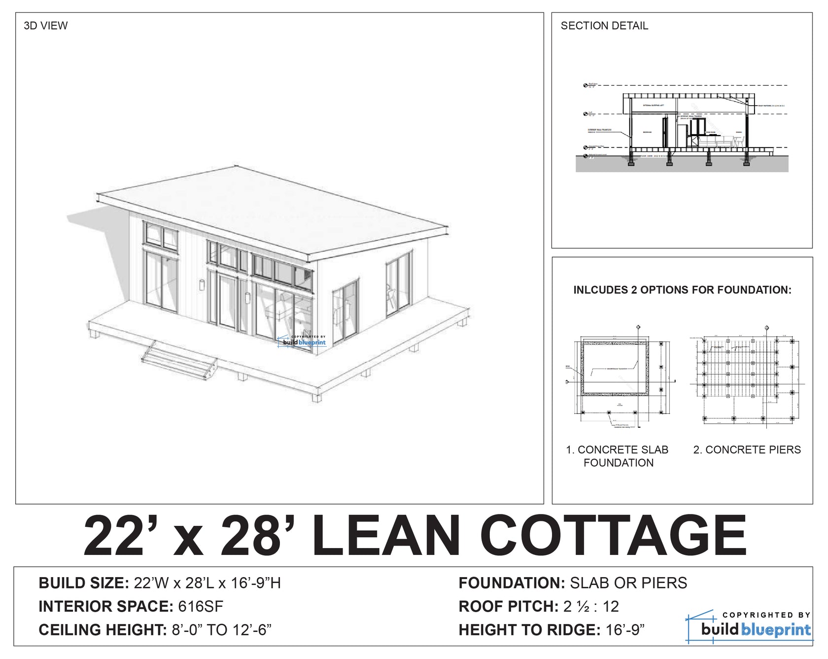 22' x 28' Lean Cottage Architectural Plans – Build Blueprint