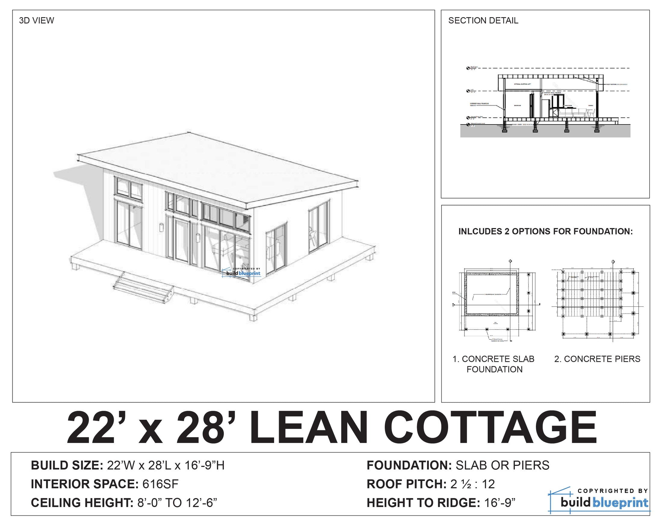 22' x 28' Lean Cottage Architectural Plans – Build Blueprint