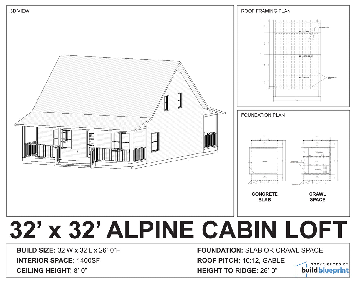 32' x 32' Alpine Cabin Architectural Plans – Build Blueprint
