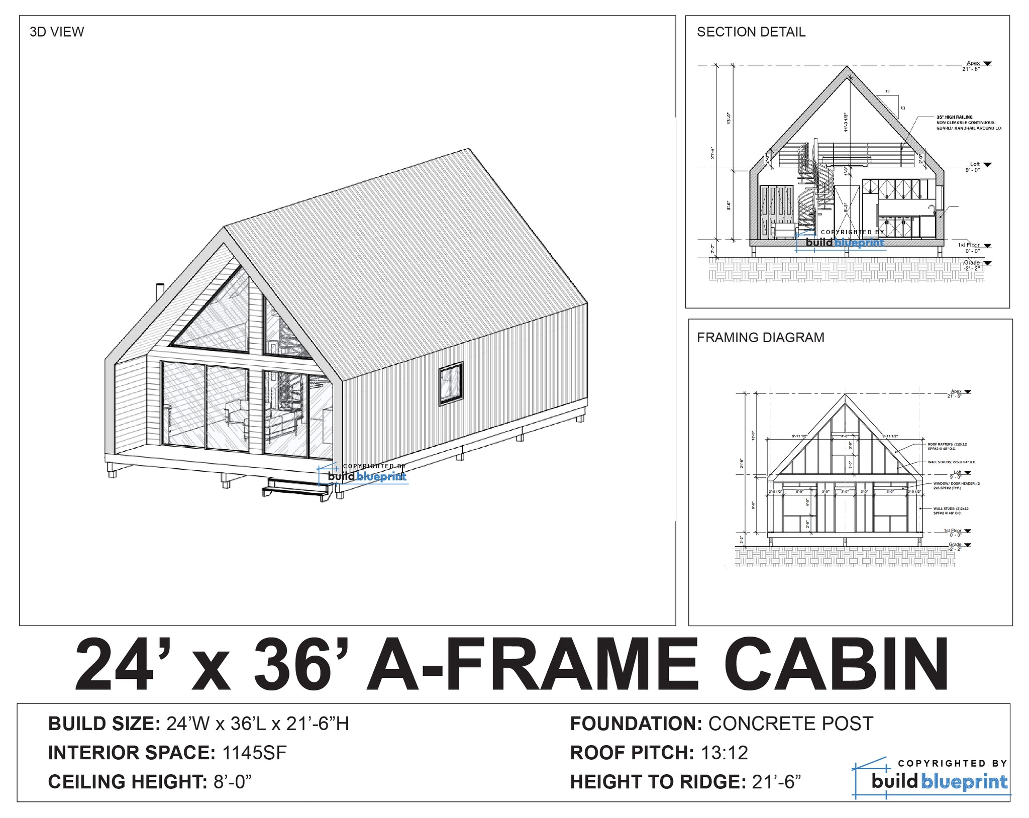 24' x 36' Nordic A-Frame House Architectural Plans – Build Blueprint
