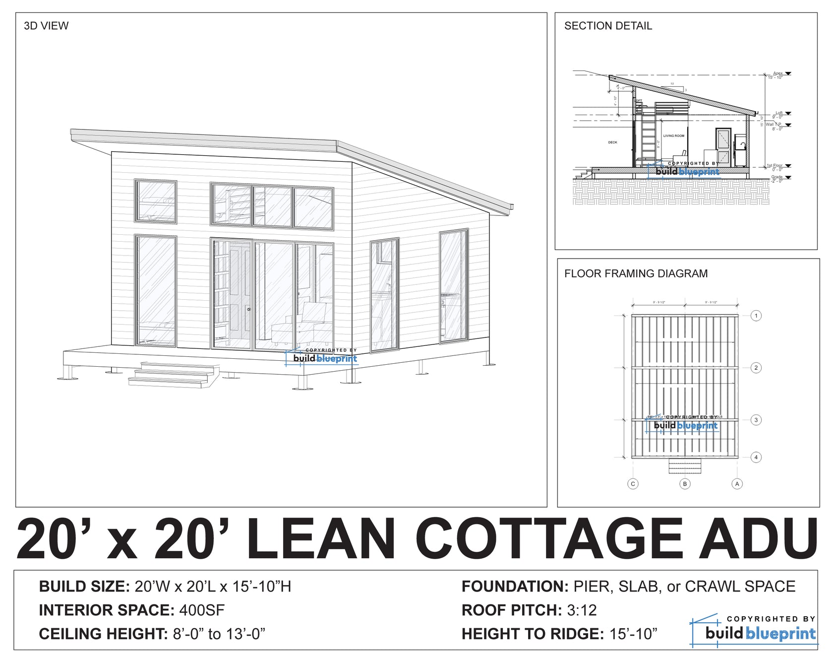 20' x 20' Lean Cottage Architectural Plans – Build Blueprint