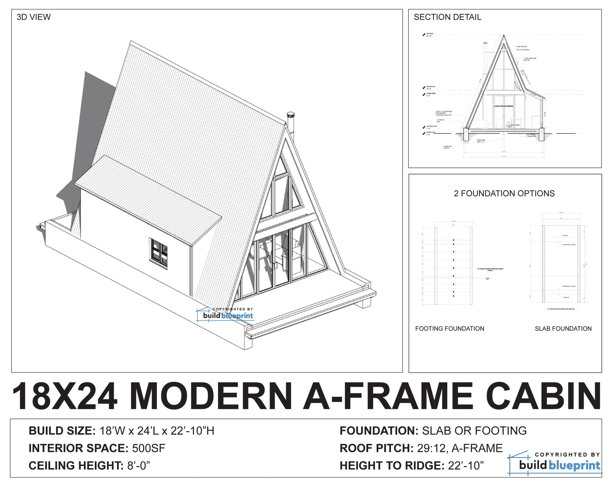 18' x 24' Modern A-Frame Cabin Architectural Plans – Build Blueprint