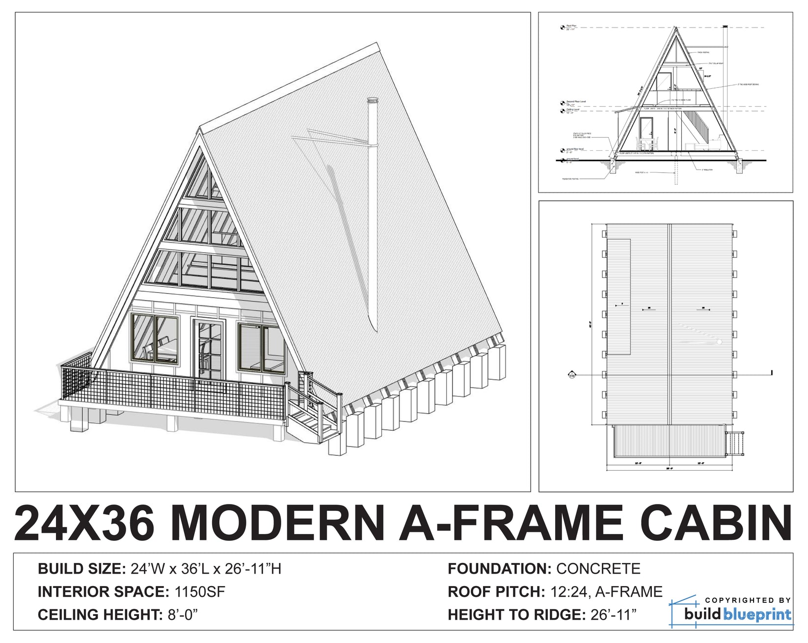24' x 36' Modern A-Frame Cabin Architectural Plans – Build Blueprint