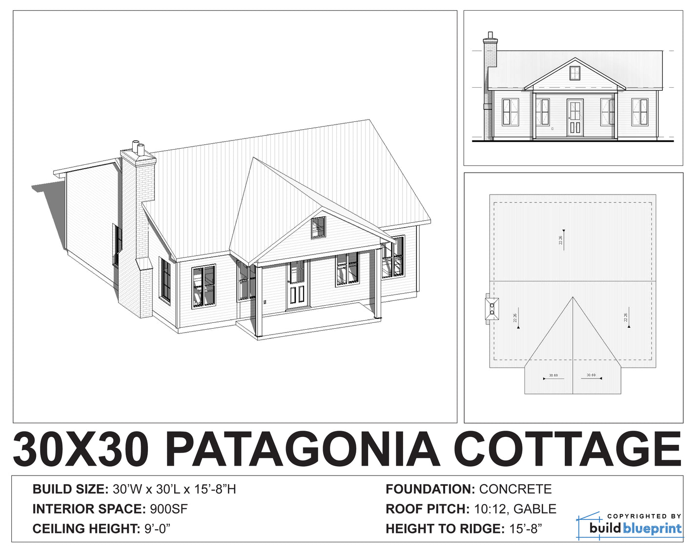 30' x 30' Small Cottage Architectural Plans – Build Blueprint