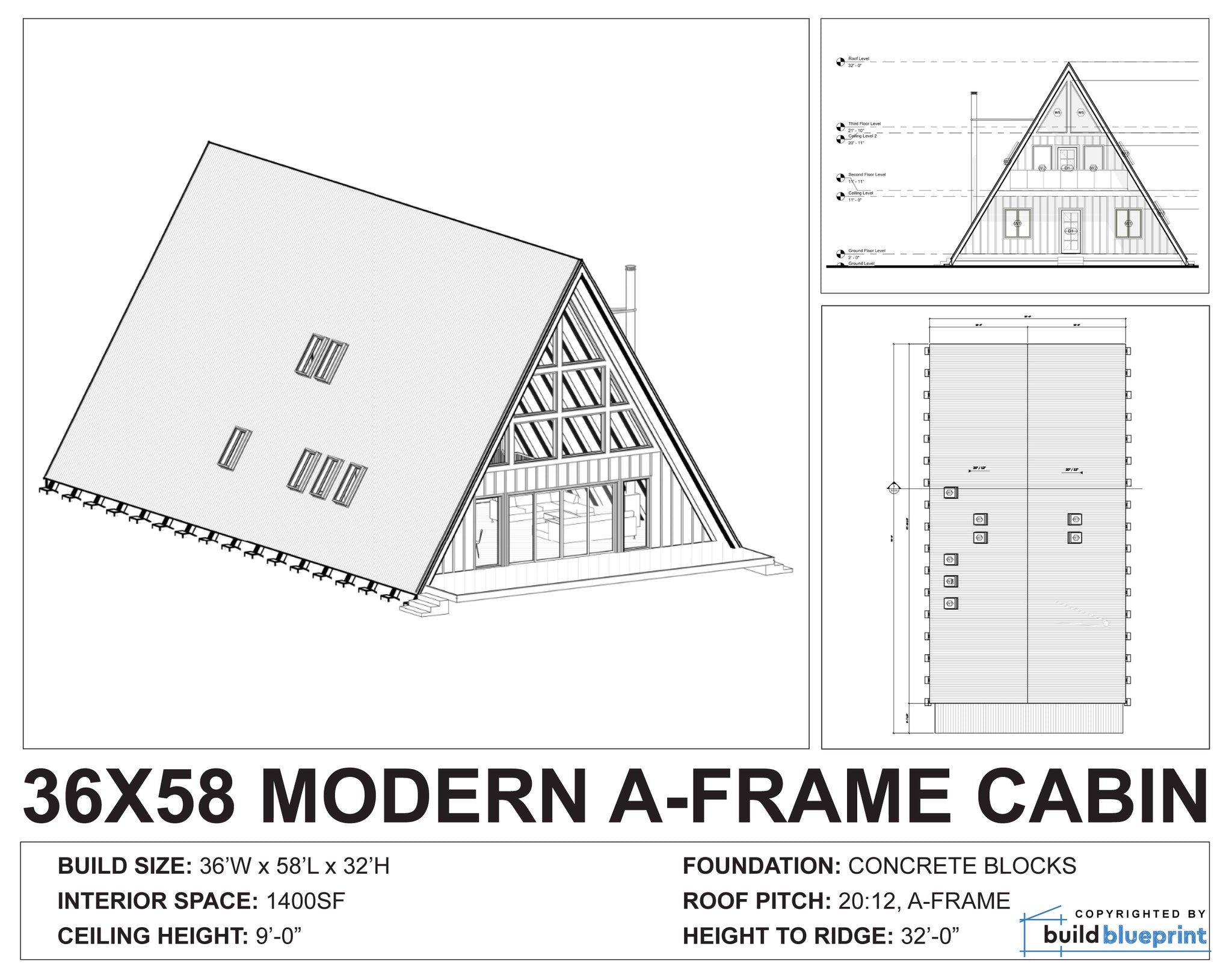 36' x 58' Large Modern A-Frame Cabin Architectural Plans – Build Blueprint